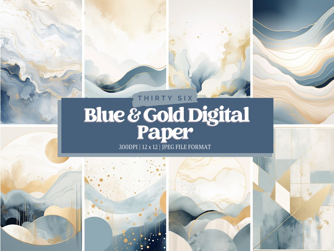Blue and Gold Digital Paper, Web Background, Commercial Use, Digital ...