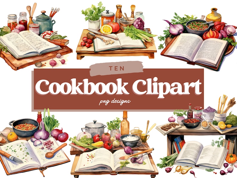 Watercolor Cookbook Clipart Kitchen Clipart Cookbook PNG - Etsy