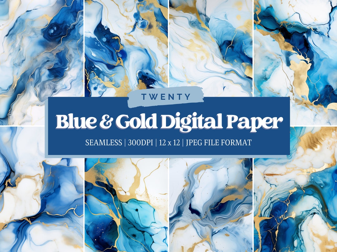Blue and Gold Marble Digital Paper, Marble Digital Paper, Agate Digital ...