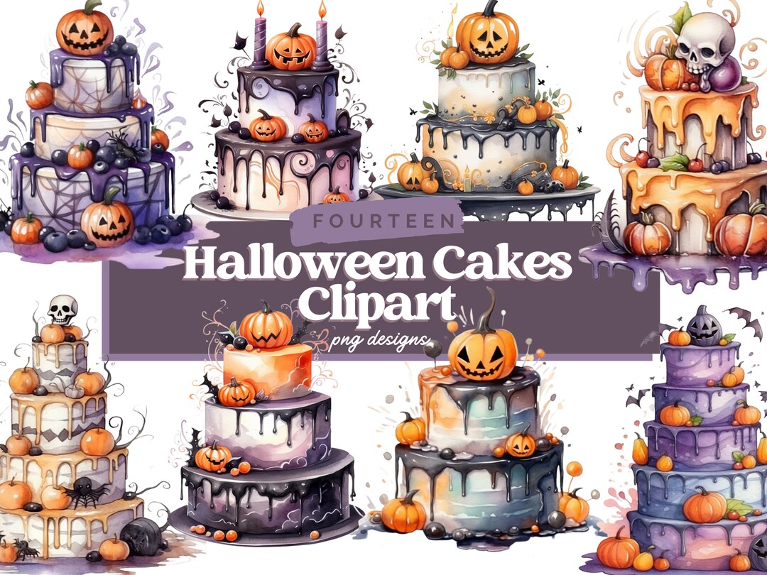 Watercolor Halloween Cakes PNG, Spooky Sublimation, Halloween Cake ...