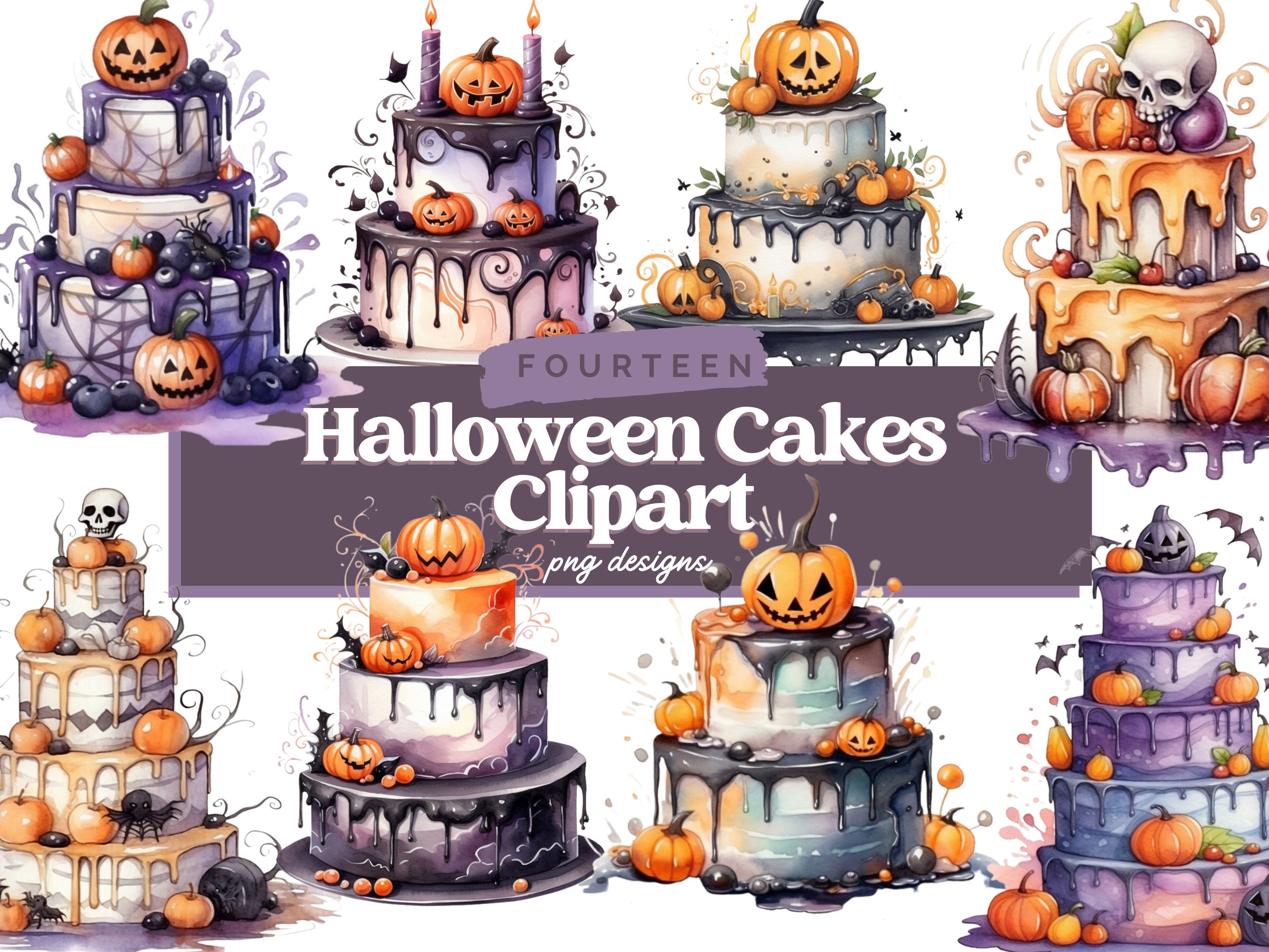 Watercolor Halloween Cakes PNG, Spooky Sublimation, Halloween Cake ...
