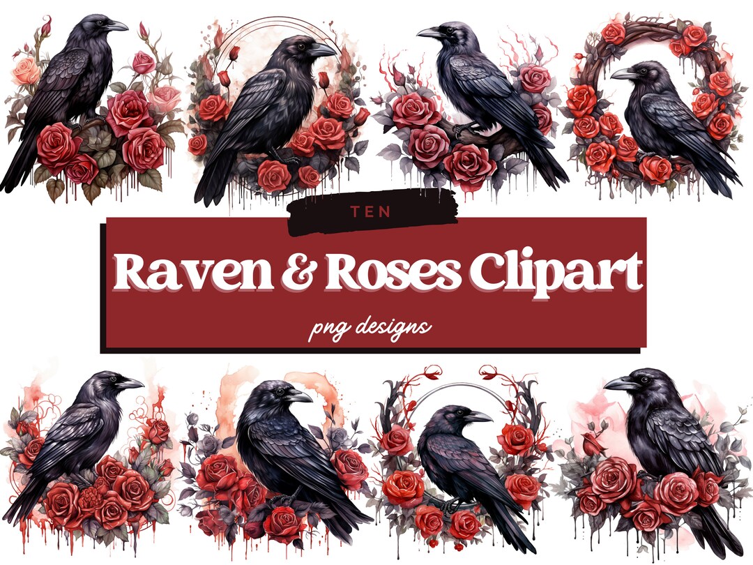 Raven and Red Roses Clipart, PNG, Commercial Use, Fantasy Clipart ...
