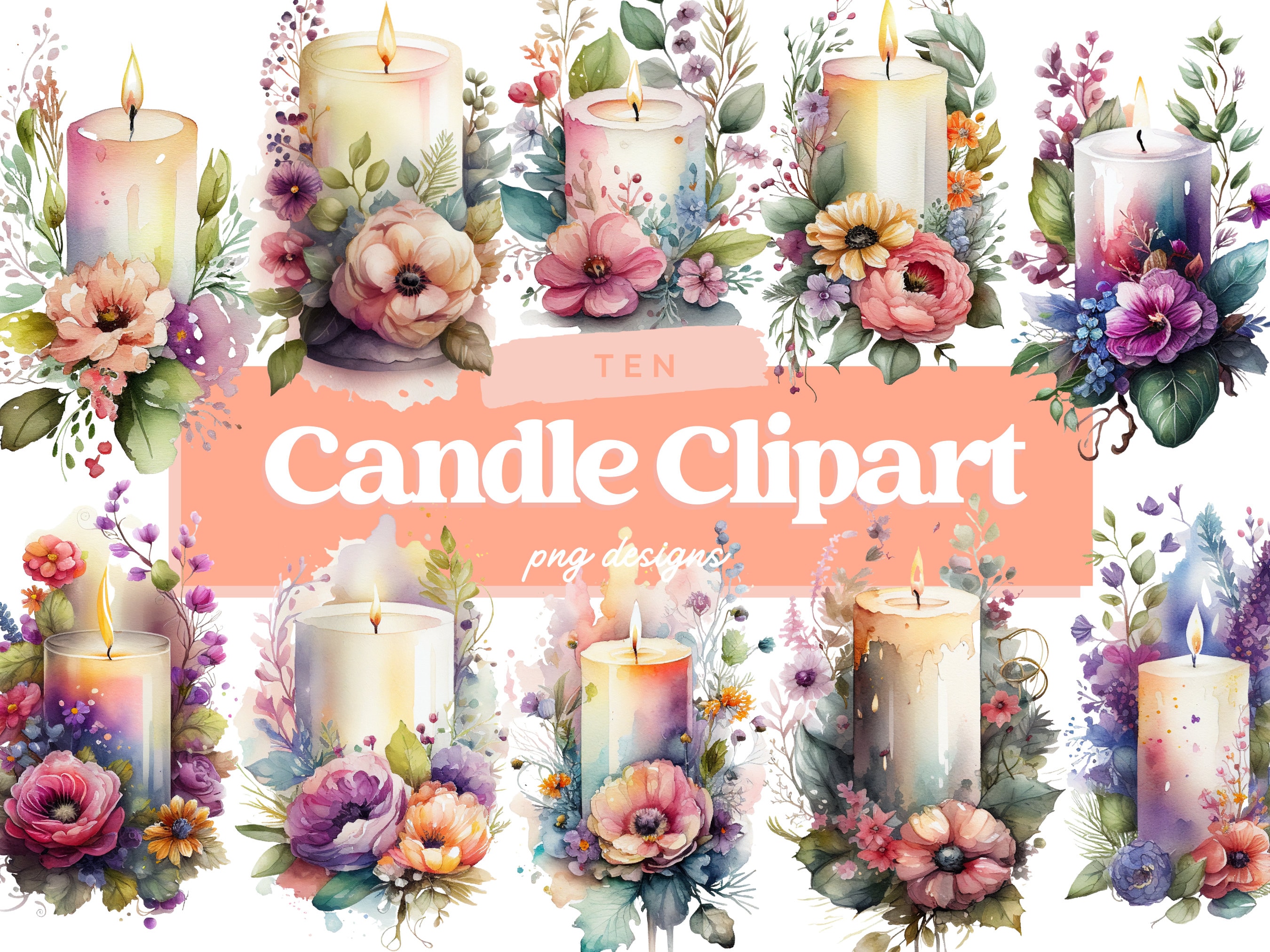 Watercolor Candle Clipart Floral Candle Clipart Candle - Etsy