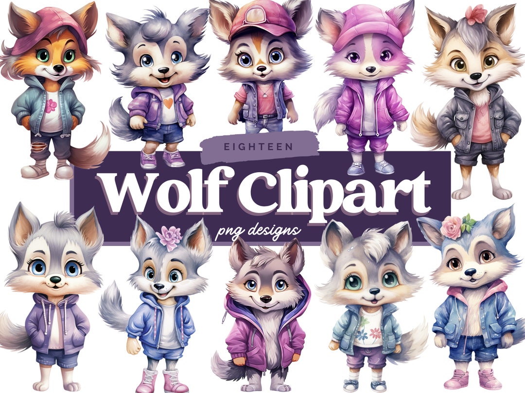 Wolf Clipart Bundle, Wolf PNG, Cartoon Wolf, Watercolor Clipart ...