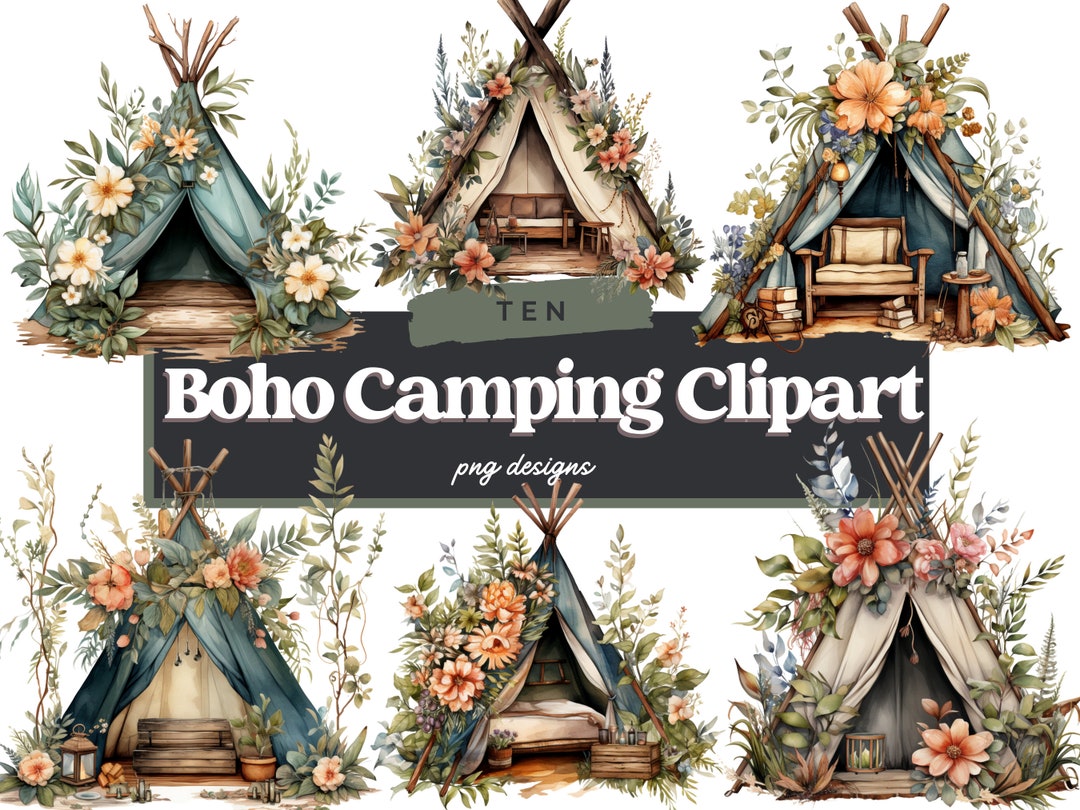 Watercolor Boho Camping PNG Clipart, Floral Camping, Tent PNG, Boho PNG ...