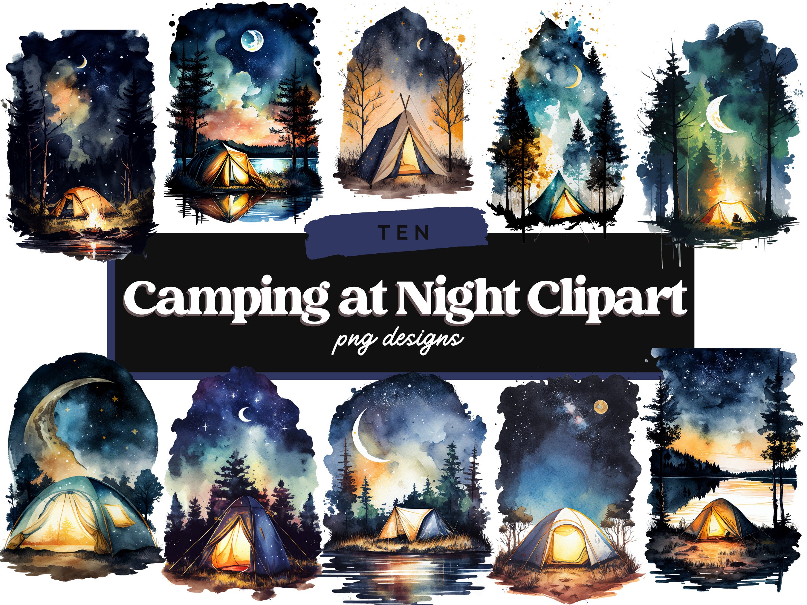 Watercolor Night Camping Clipart Bundle, Camping Clipart, Watercolor ...
