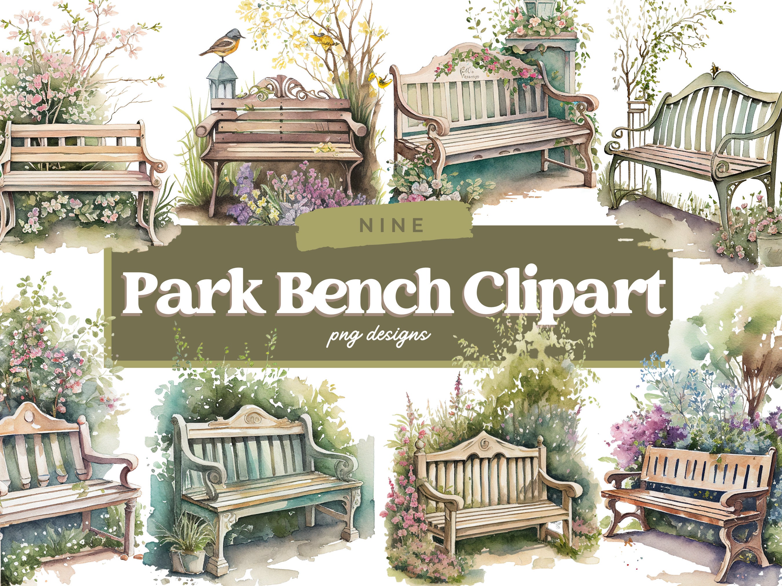 Watercolor Park Bench Clipart Bundle, Park Bench Clipart, Watercolor ...