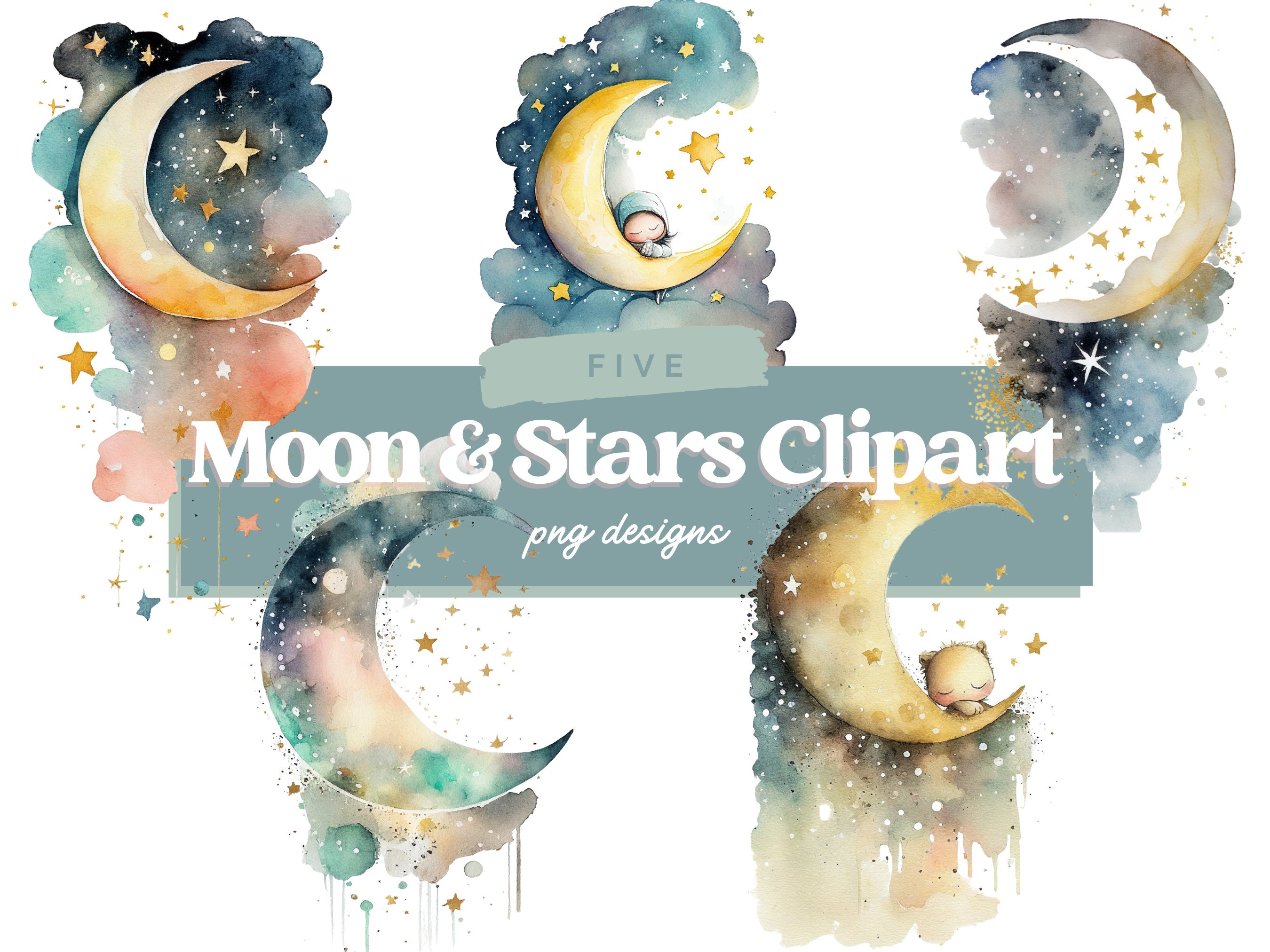 Watercolor Moon and Stars Clipart Cute Moon and Stars - Etsy