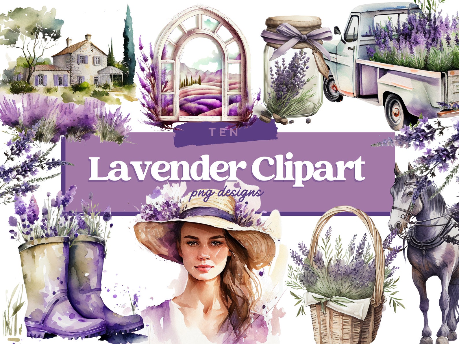 Watercolour Lavender Cottagecore Clipart Bundle , Cottage Living, Farm ...