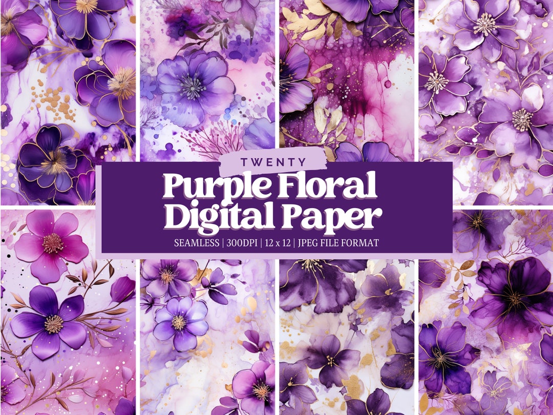 Purple Floral Digital Paper, Journal Paper, Web Background, Commercial ...