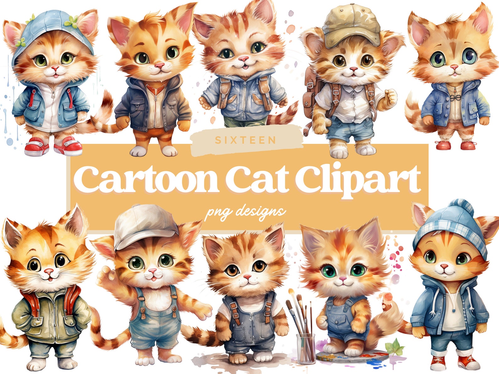 Cartoon Cat Watercolor Clipart Cute Baby Shower Graphics - Etsy