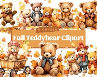 Watercolor Autumn Teddy Bear Clipart Bundle, Fall Scenery Clipart, Baby ...