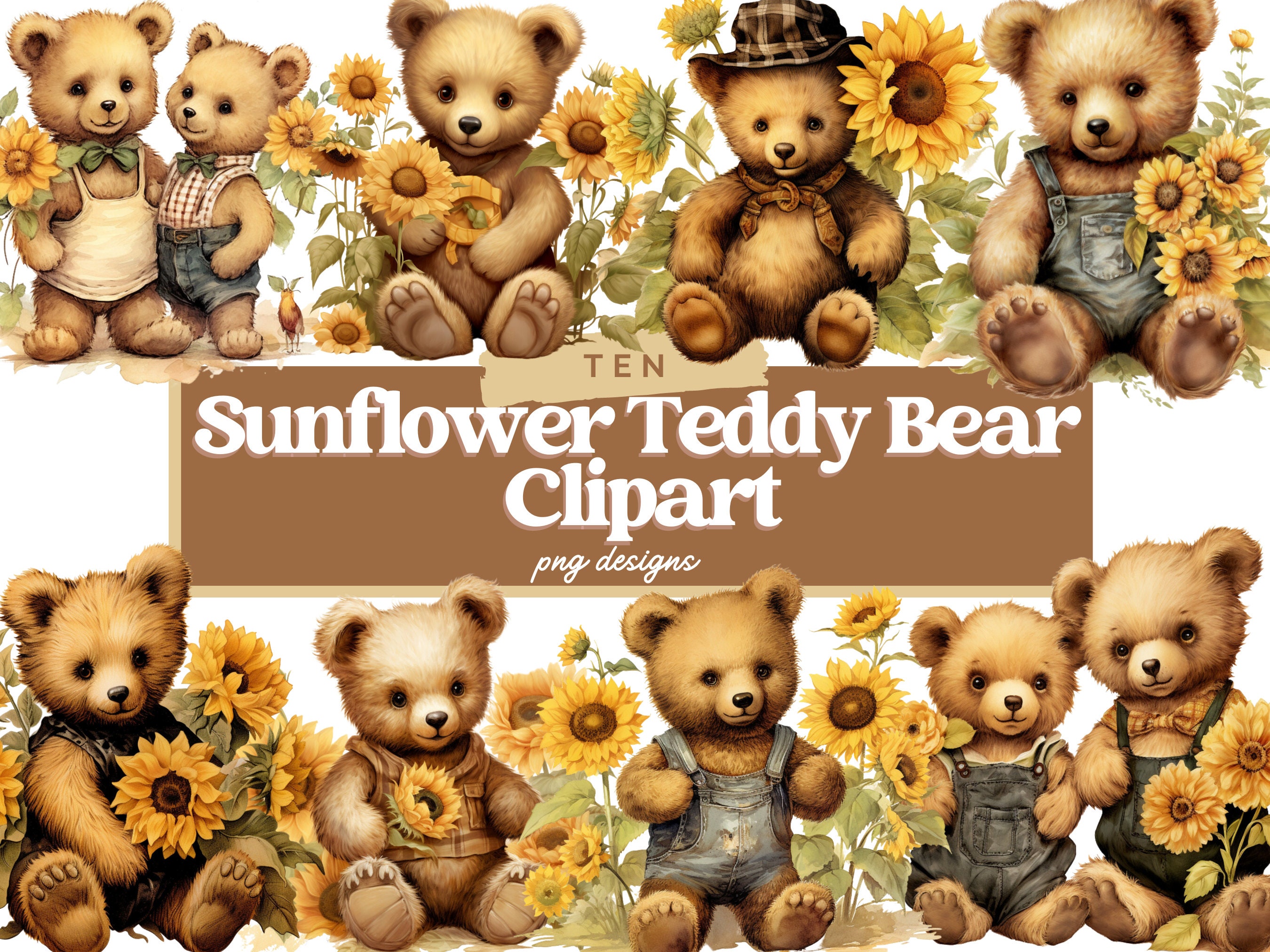 Watercolor Sunflower Teddy Bear PNG Clipart Bundle, Baby Shower Clipart ...