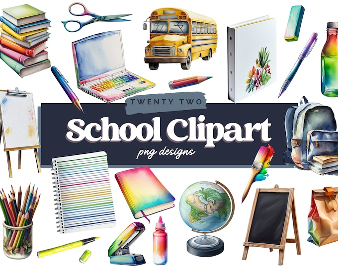 School Clipart Bundle, Watercolor Pencil Bus Books Globe Graphics ...