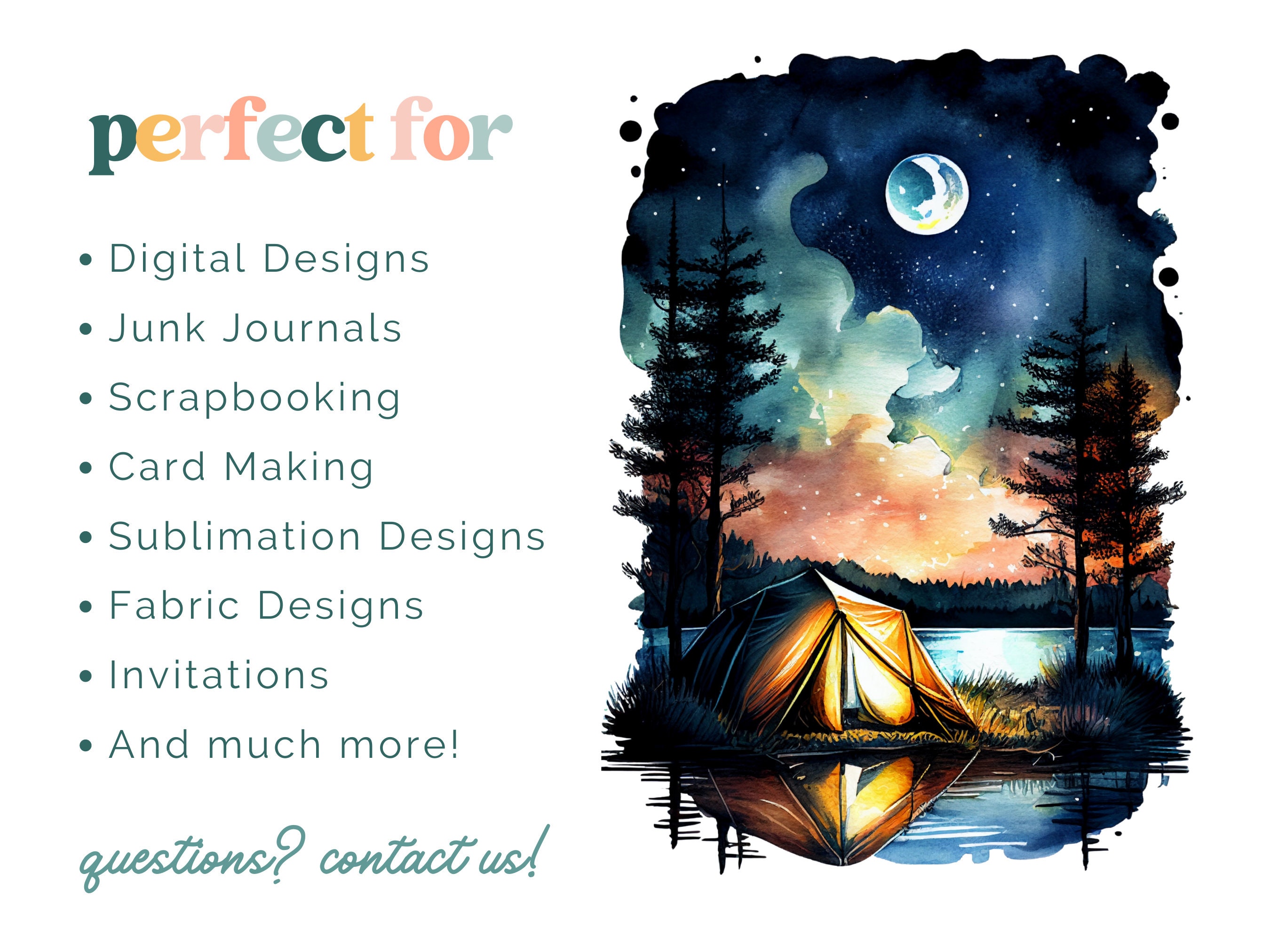 Watercolor Night Camping Clipart Bundle, Camping Clipart, Watercolor ...