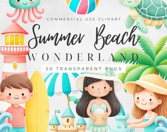 Beach Summer Clipart, Cute Beach Animals, Ocean Nursery Clipart, Baby ...