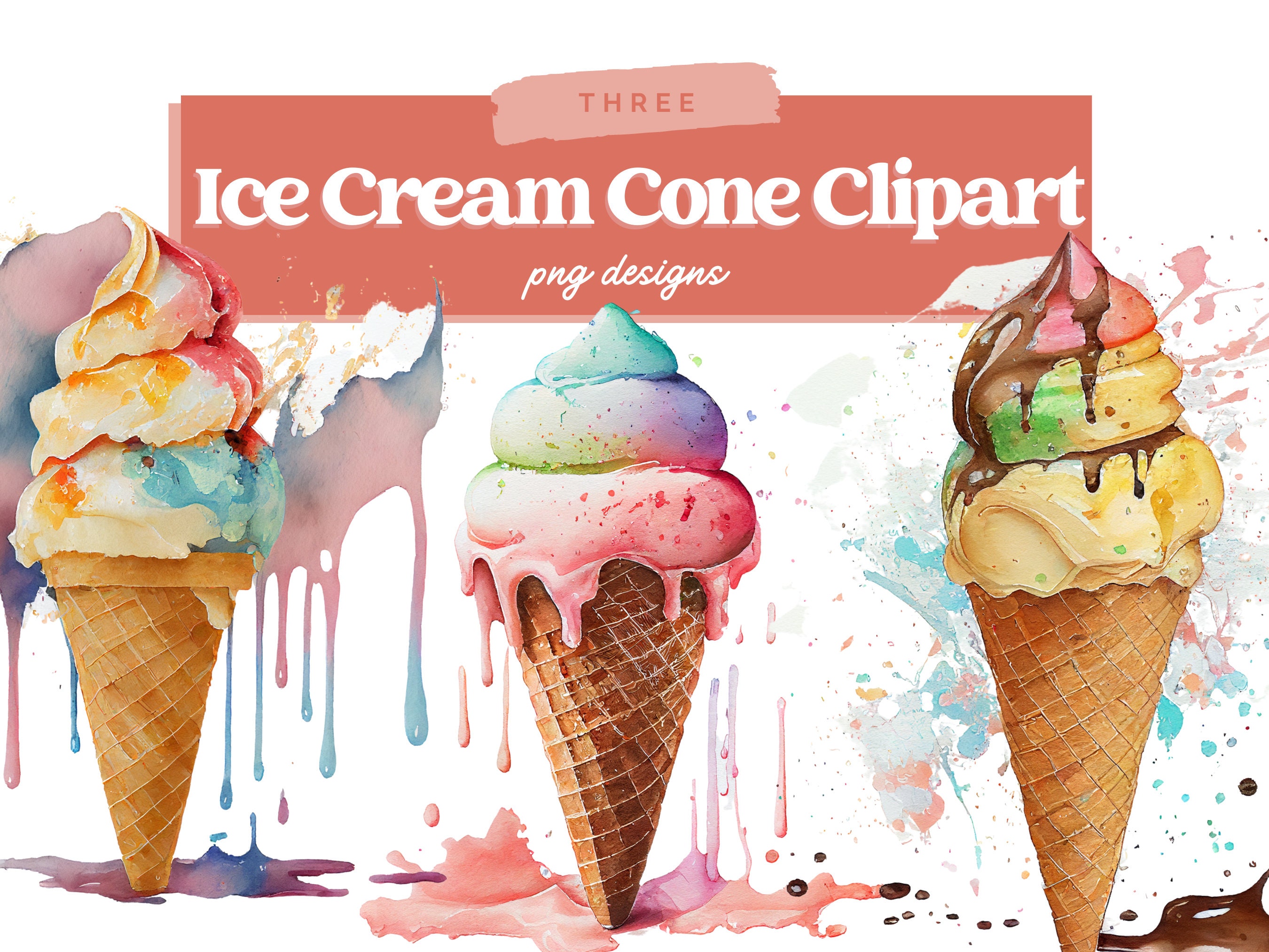 Watercolor Ice Cream Cone Clipart Ice Cream Cone Clipart PNG - Etsy