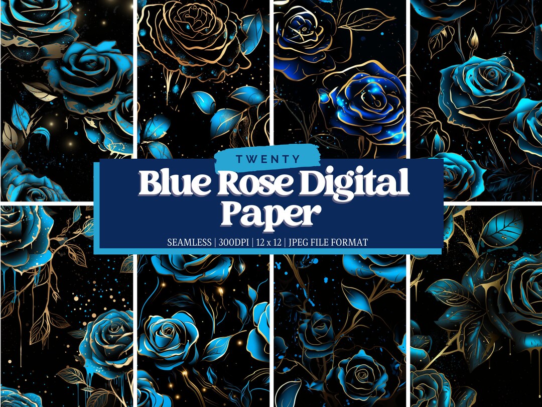 Blue Rose Digital Paper, Floral Paper, Neon Paper, Seamless Design, Web ...