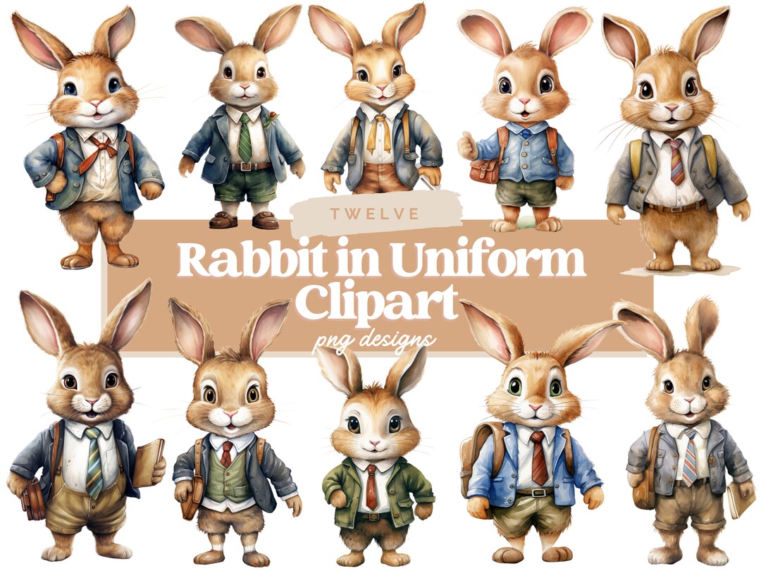 Rabbit in Uniform Clipart, Watercolor Rabbit Clipart, School Bunny ...