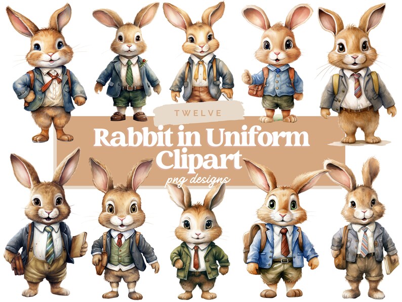 Rabbit in Uniform Clipart Watercolor Rabbit Clipart School - Etsy