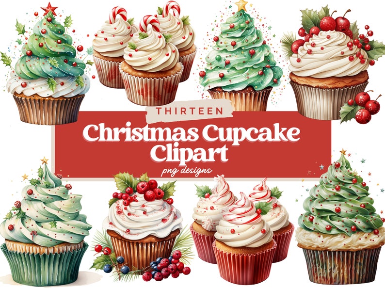 Watercolor Christmas Cupcake Clipart, Dessert PNG Bundle, Kawaii Food ...