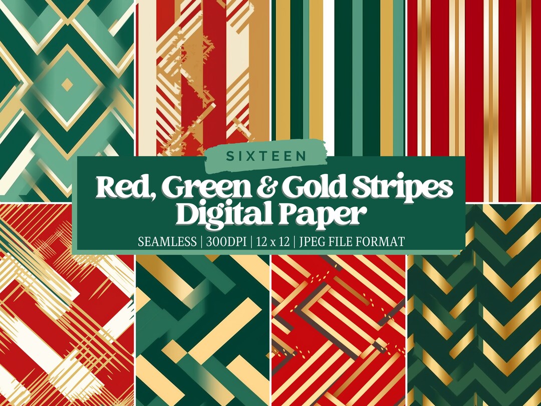 Red, Green and Gold Stripes Digital Paper, Stripes Digital Paper ...