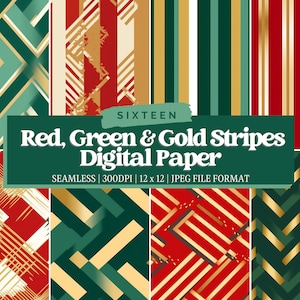 Red, Green and Gold Stripes Digital Paper, Stripes Digital Paper ...