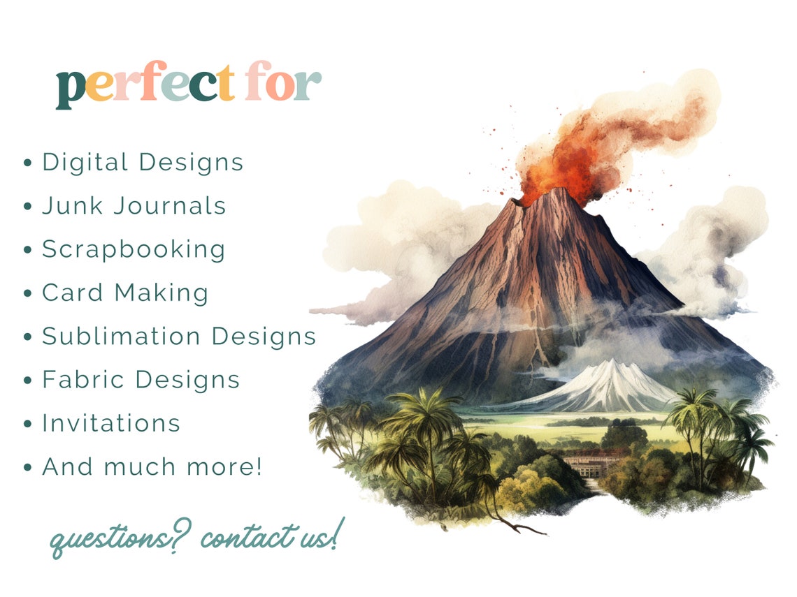 Volcano Clipart Bundle, PNG, Watercolor Volcano, Lava, Mountain ...