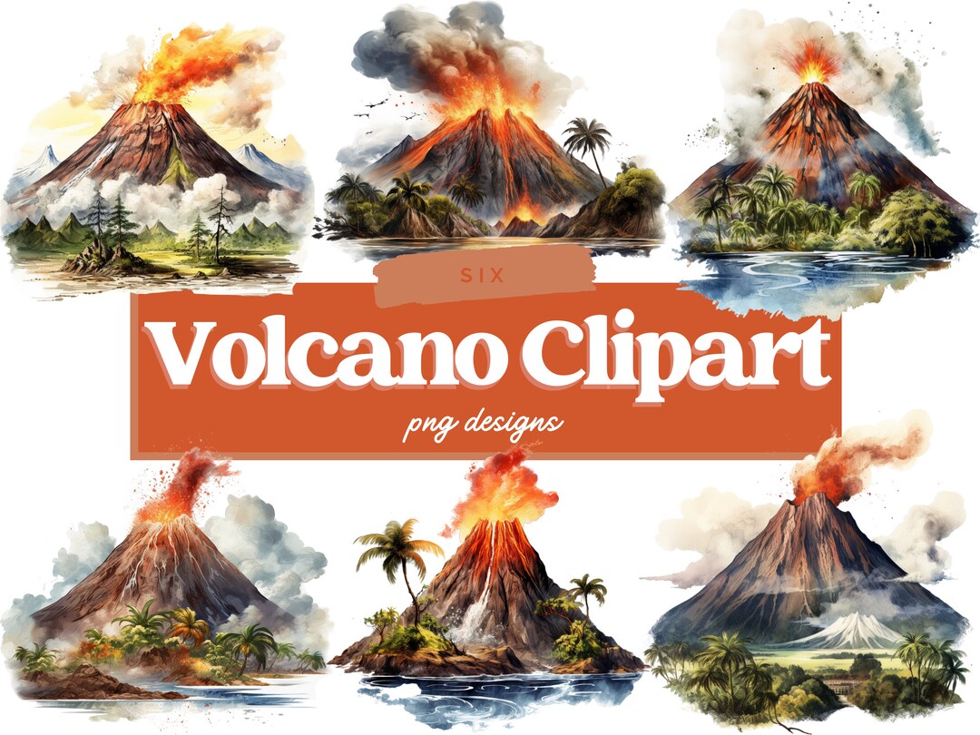 Volcano Clipart Bundle, PNG, Watercolor Volcano, Lava, Mountain ...