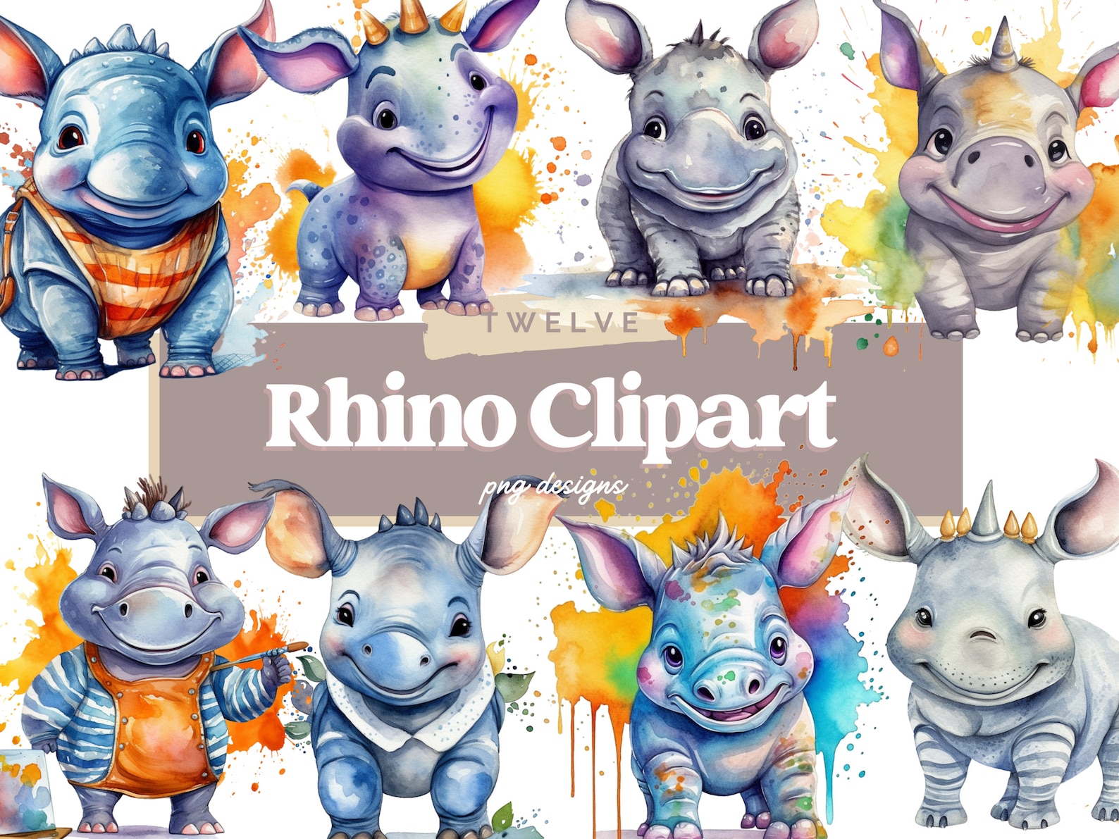 Rhino Watercolor Clipart, Rhino PNG, Cute Baby Shower Graphics, Nursery ...