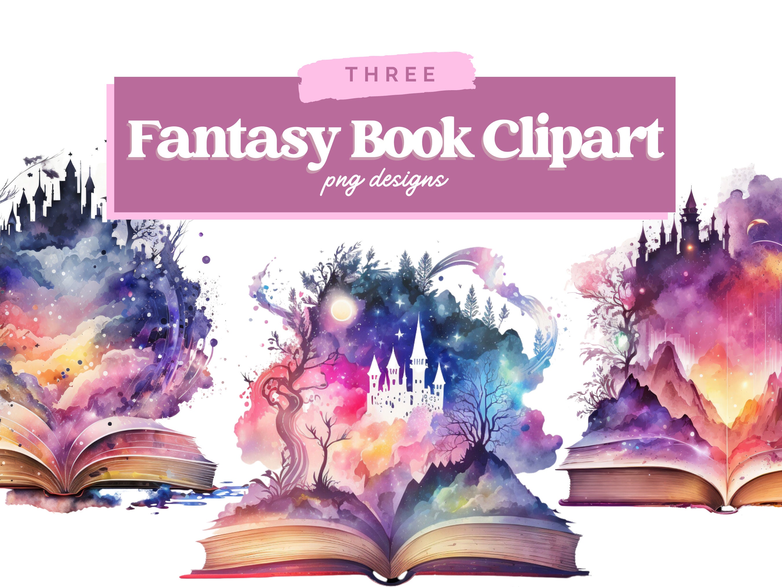 Watercolor Fantasy Books Clipart, Open Book Clip Art, Book Bundle PNG ...