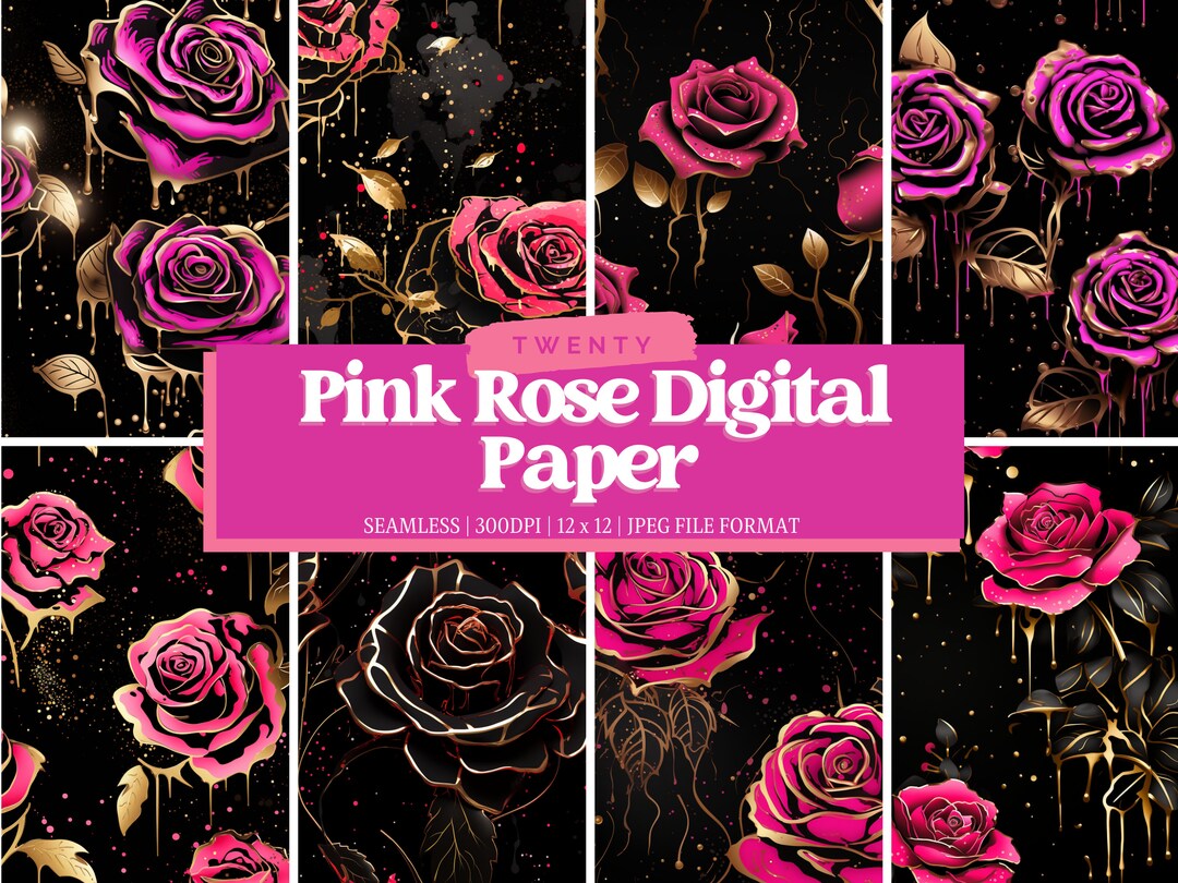 Pink Rose Digital Paper, Floral Paper, Neon Paper, Seamless Design, Web ...