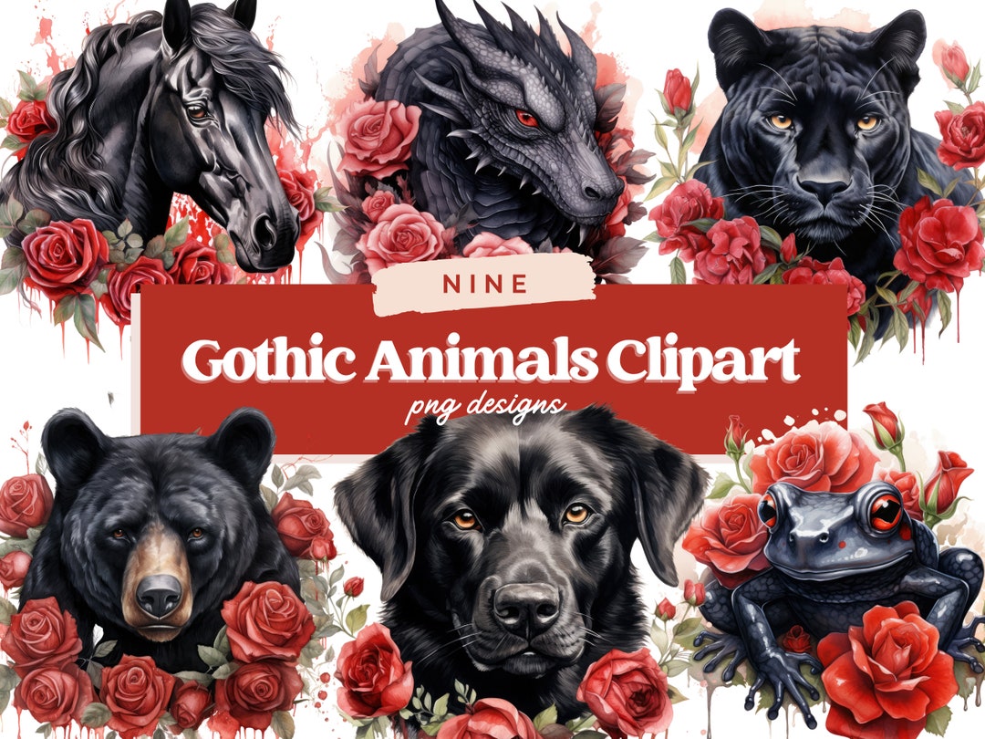 Gothic Animals Watercolor Clipart, Black Animal Clipart, Gothic ...