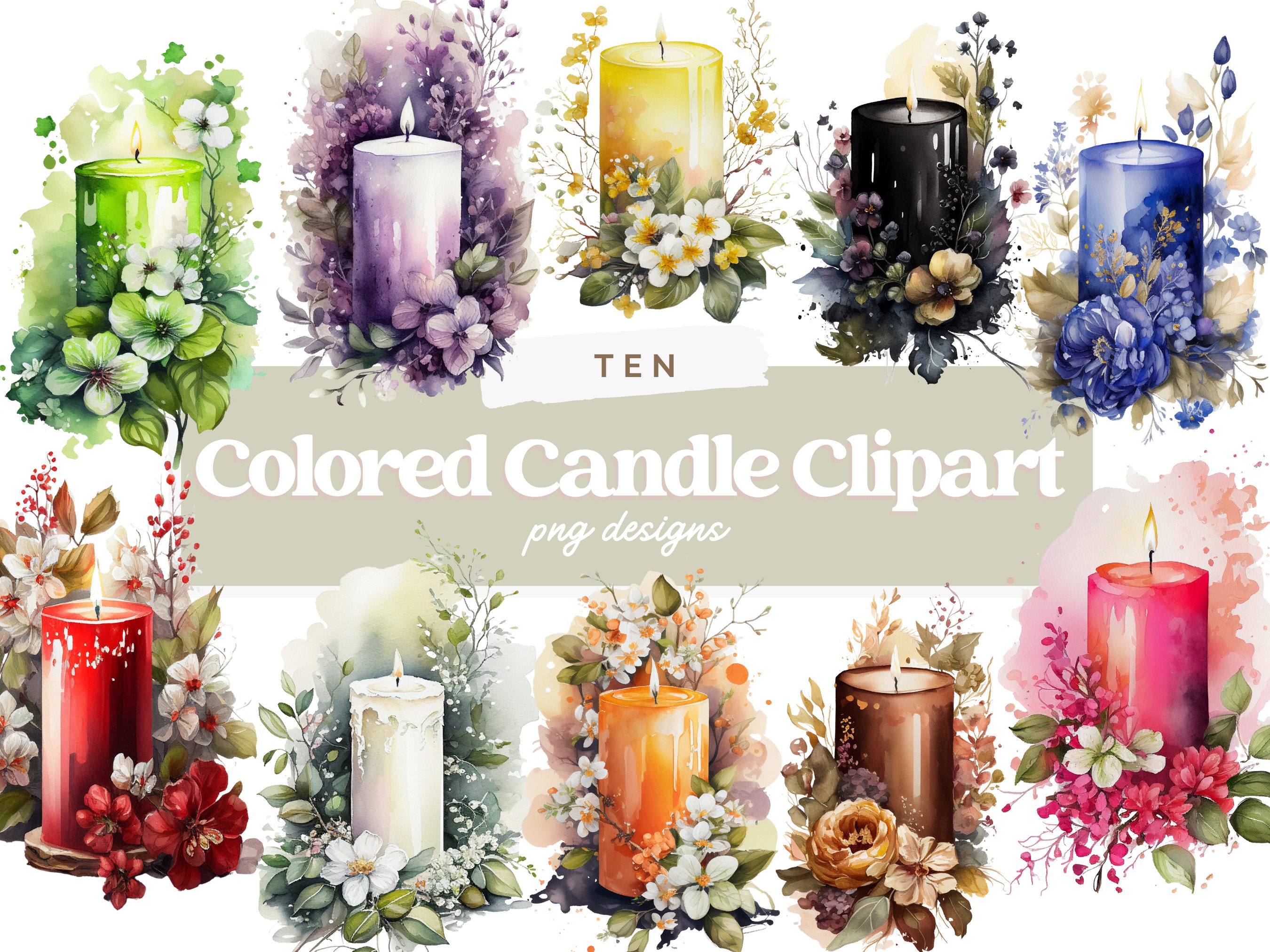 Watercolor Candle Clipart, Floral Candle Clipart, Candle Sublimation ...
