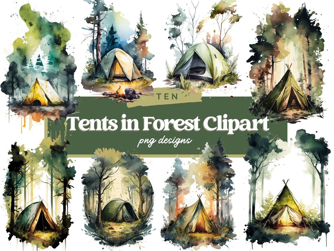 Watercolor Camping Clipart Bundle, Camping in Forest Clipart ...