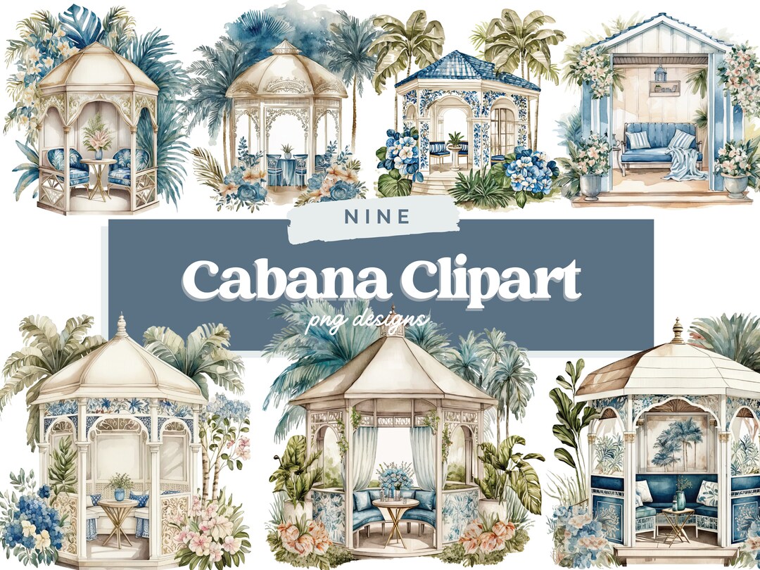 Blue & White Cabana Clipart, Watercolor Chinoiserie Clipart ...