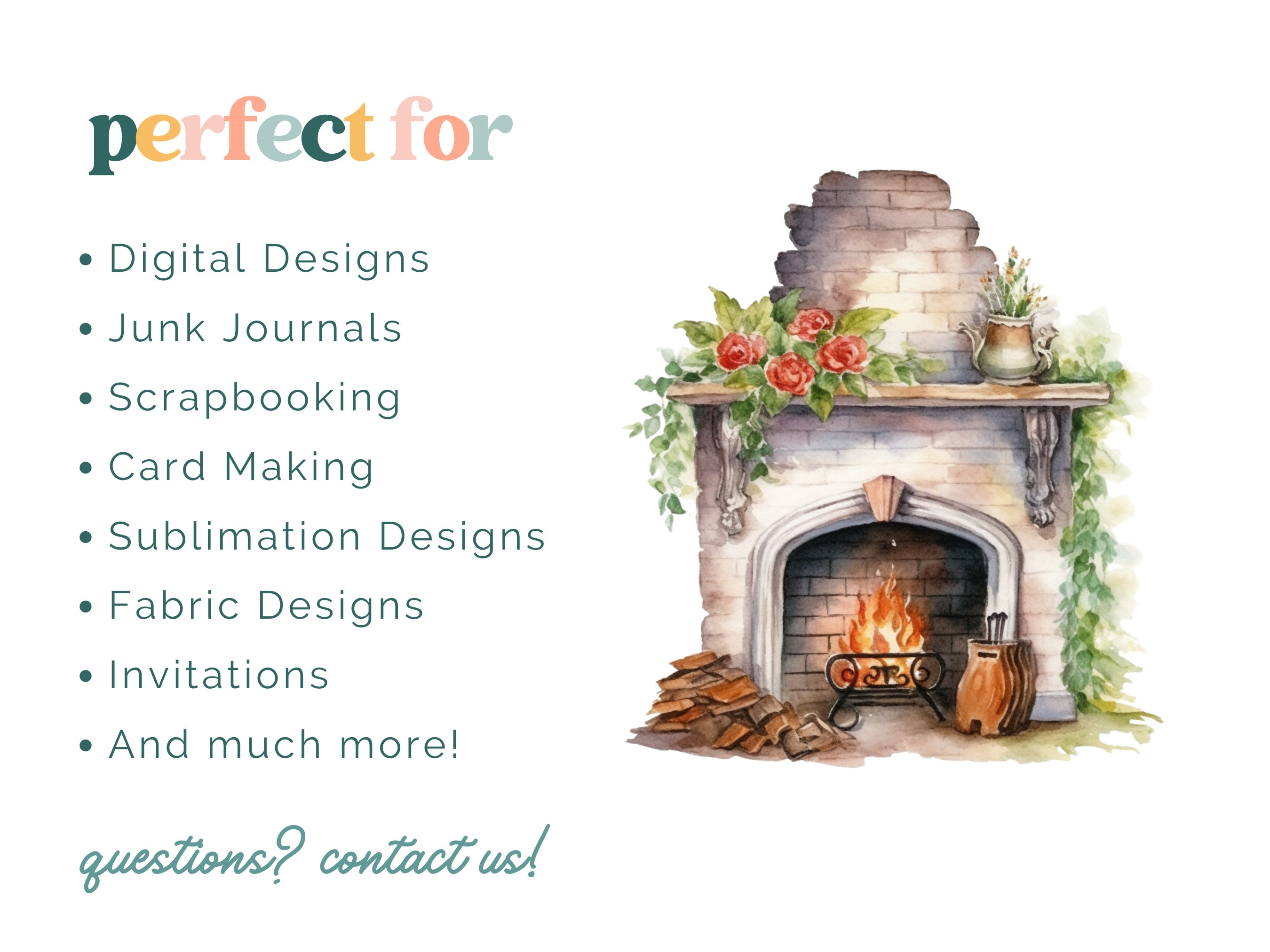 Watercolor Fireplace Clipart, Vintage Fireplace, Retro Fireplace ...