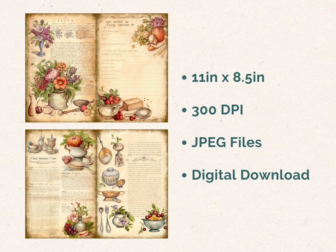 Vintage Cookbook Junk Journal Pages, Digital Scrapbook Paper Kit ...