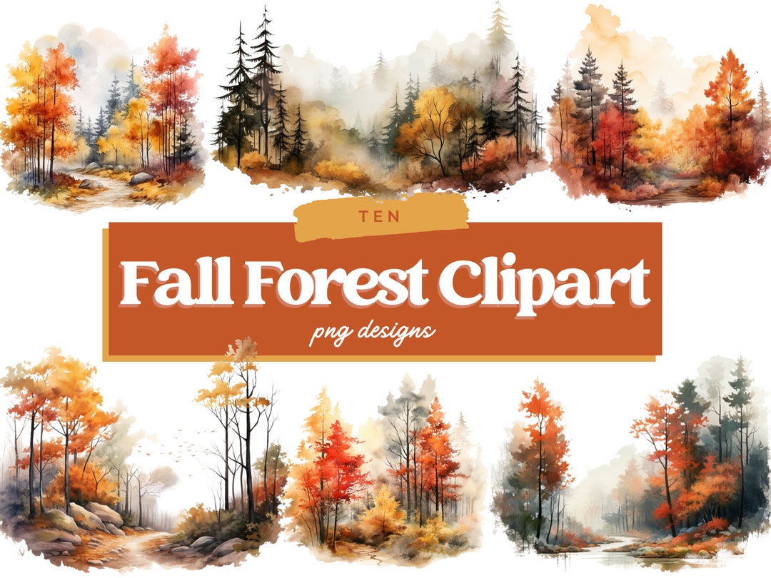 Watercolor Misty Fall Forest Clipart Bundle, Autumn Forest Clipart ...