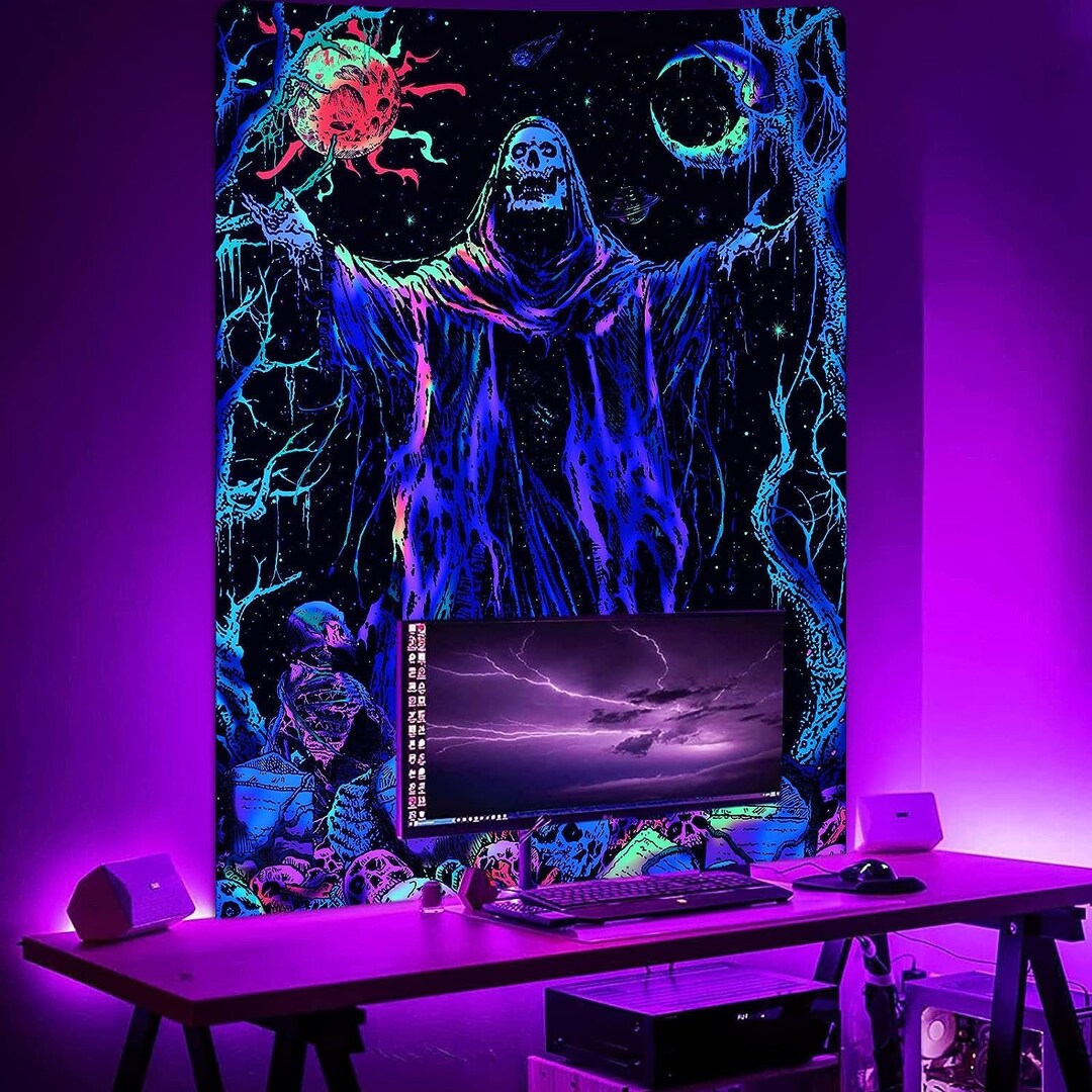 Blacklight Skull Tapestry Sun Moon UV Reactive Tapestry Wall Hanging ...