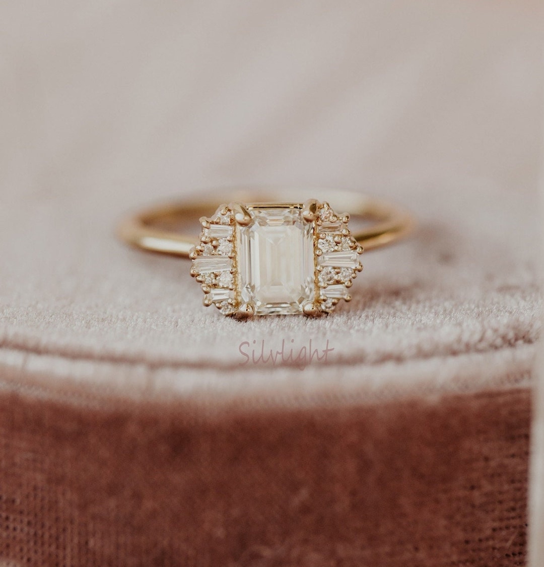 1.00 CT Emerald Cut Moissanite Vintage Ring, Tapper Baguette Cut Side ...