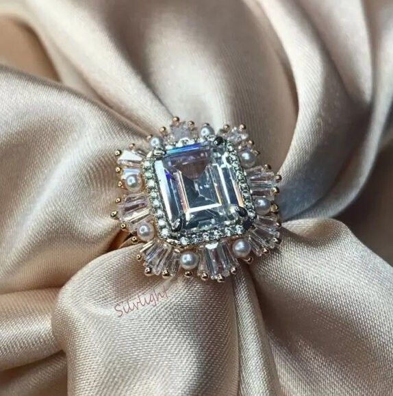 Starburst Halo Emerald Cut Moissanite Ring in 14K Solid Gold, Cocktail Engagement Ring, Round ...