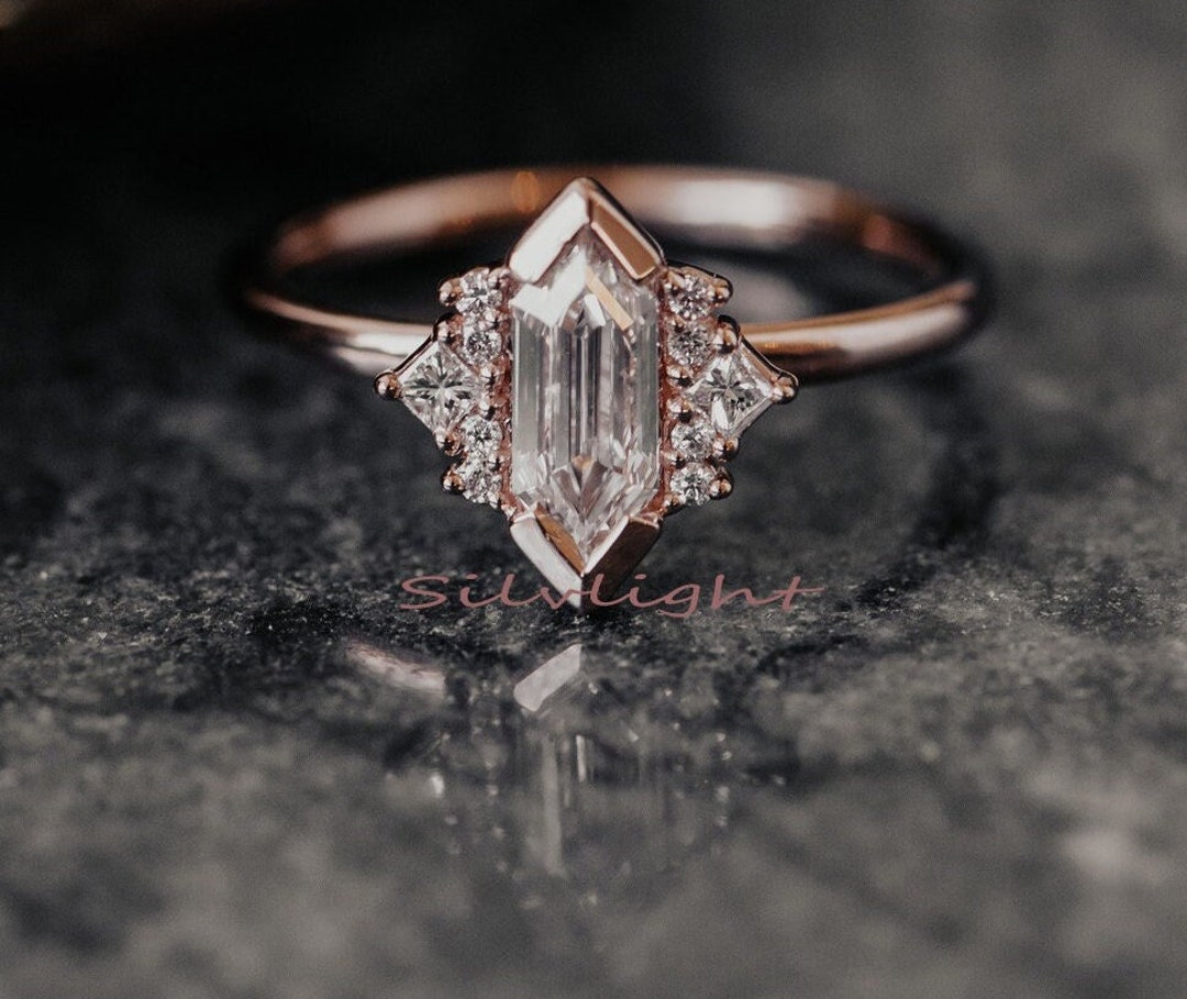 Hexagon Step Cut Moissanite Half Bezel Set Ring in 14K Rose Gold ...