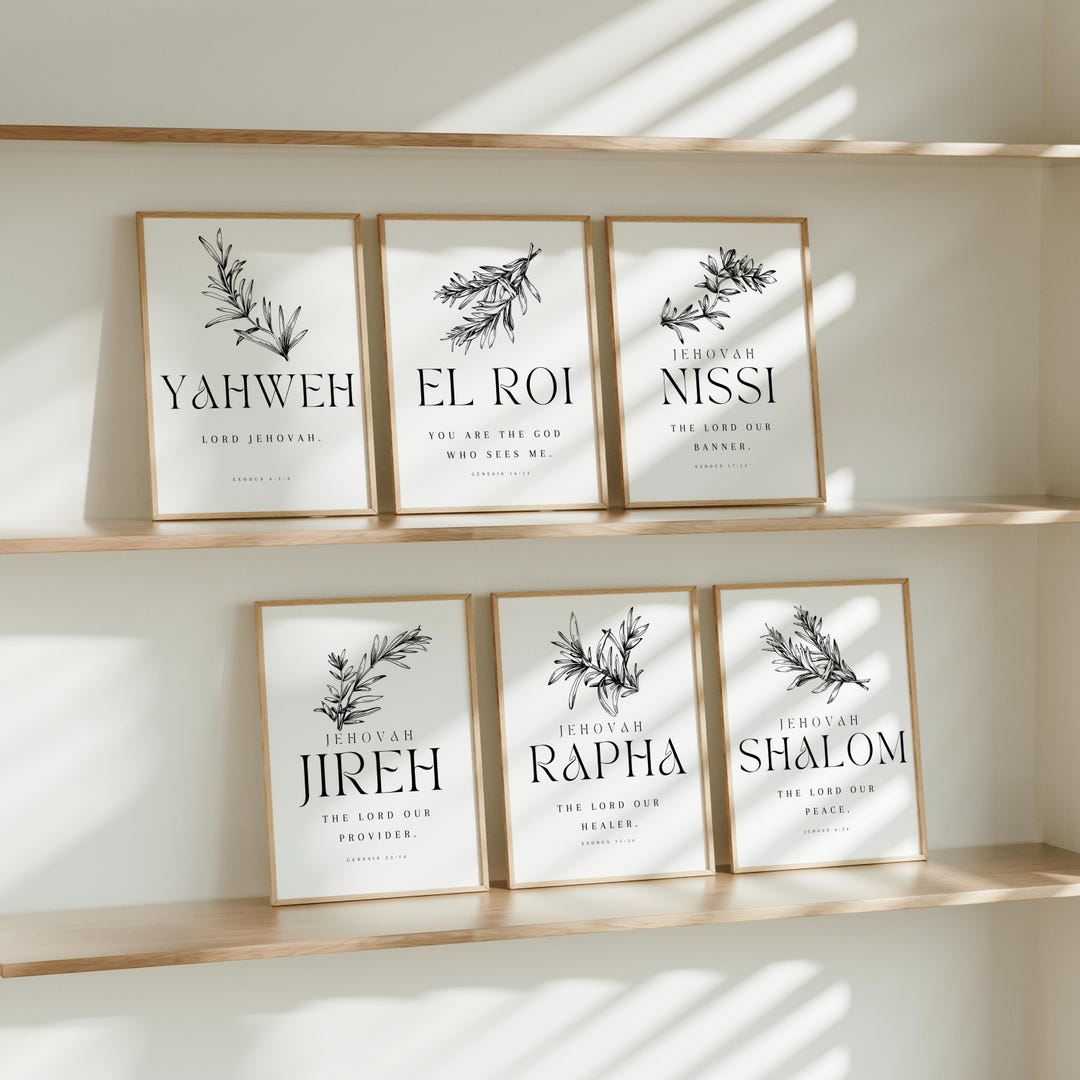 Set of 6 Hebrew Names of God Prints Christian Wall Art El Roi Yahweh ...