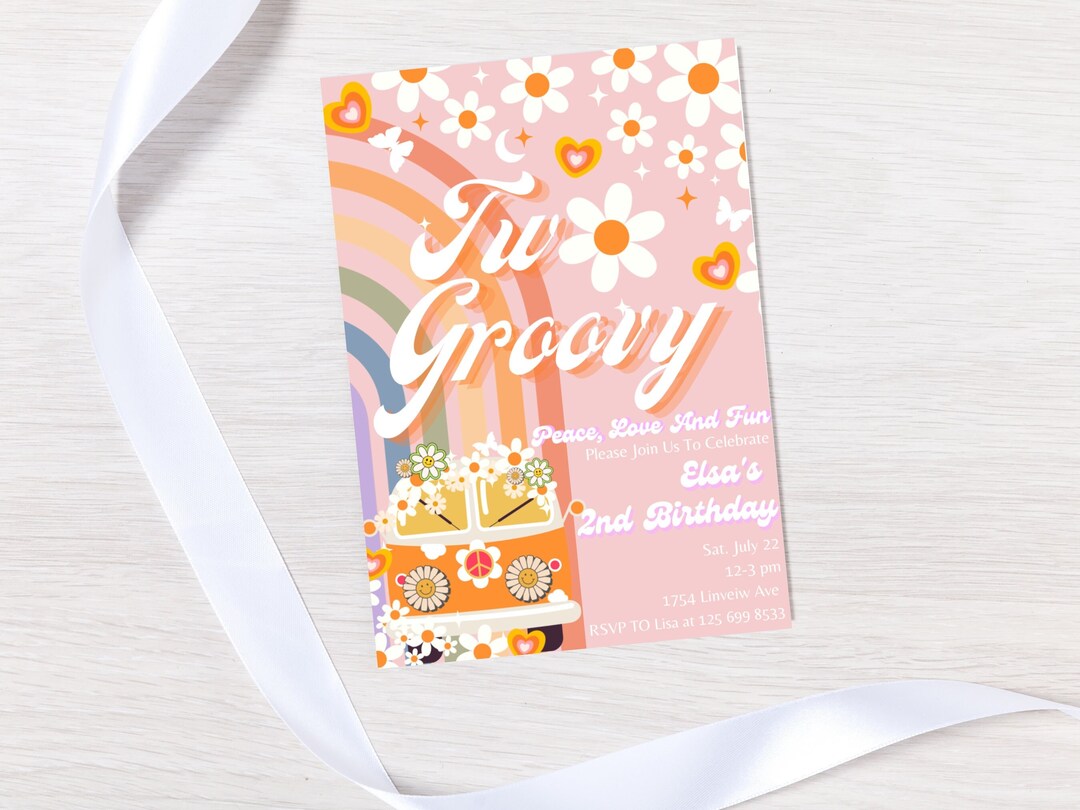 Editable Two Groovy Invite Groovy 2nd Birthday Invite Pink Daisy ...