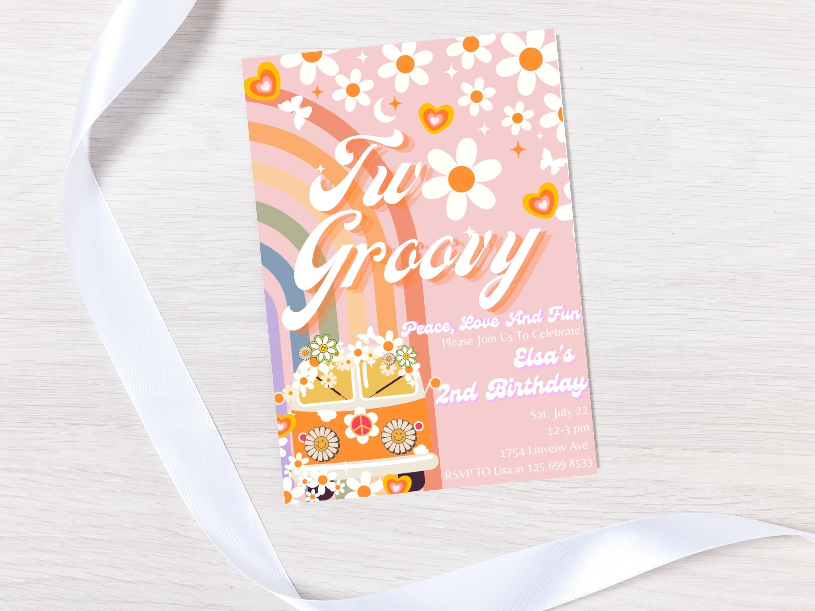 Editable Two Groovy Invite Groovy 2nd Birthday Invite Pink Daisy ...