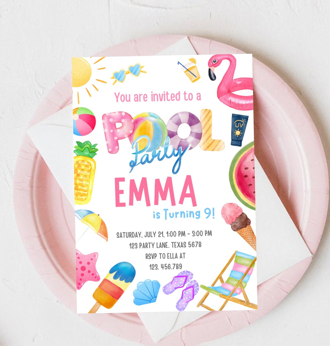 Editable Pool Party Invitation Flamingo Pool Party Birthday Invite ...