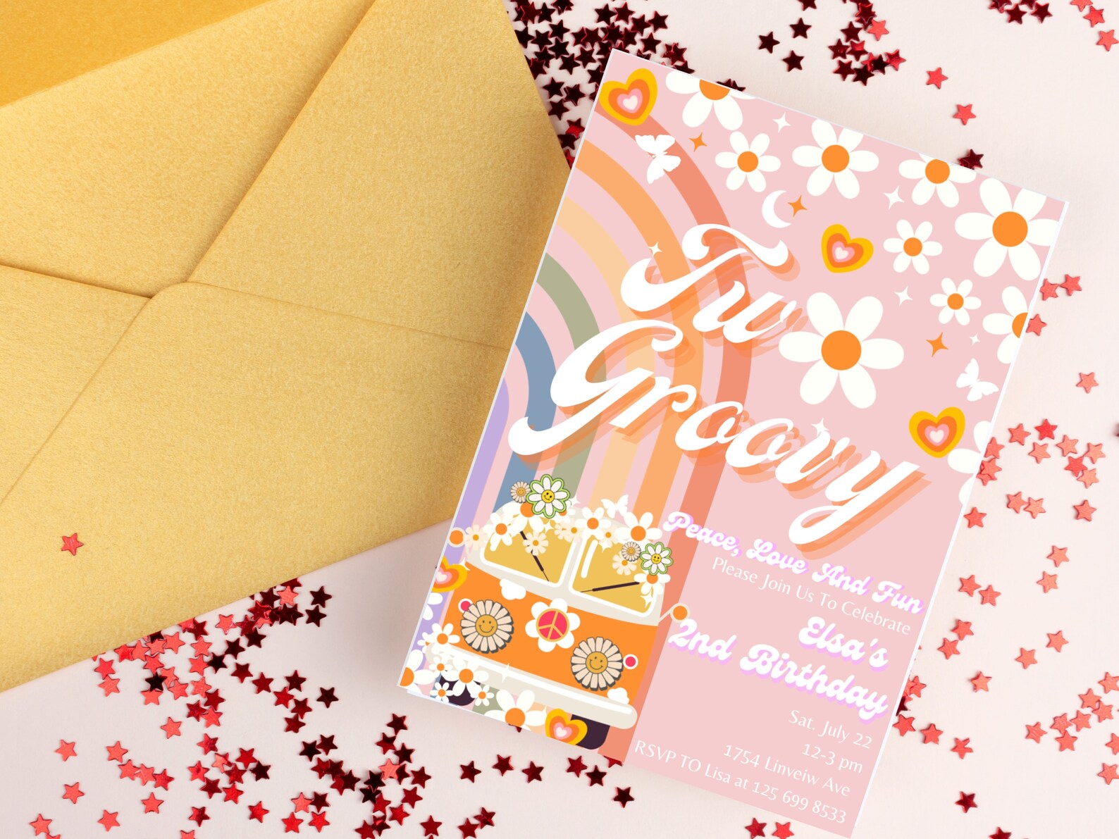 Editable Two Groovy Invite Groovy 2nd Birthday Invite Pink Daisy ...
