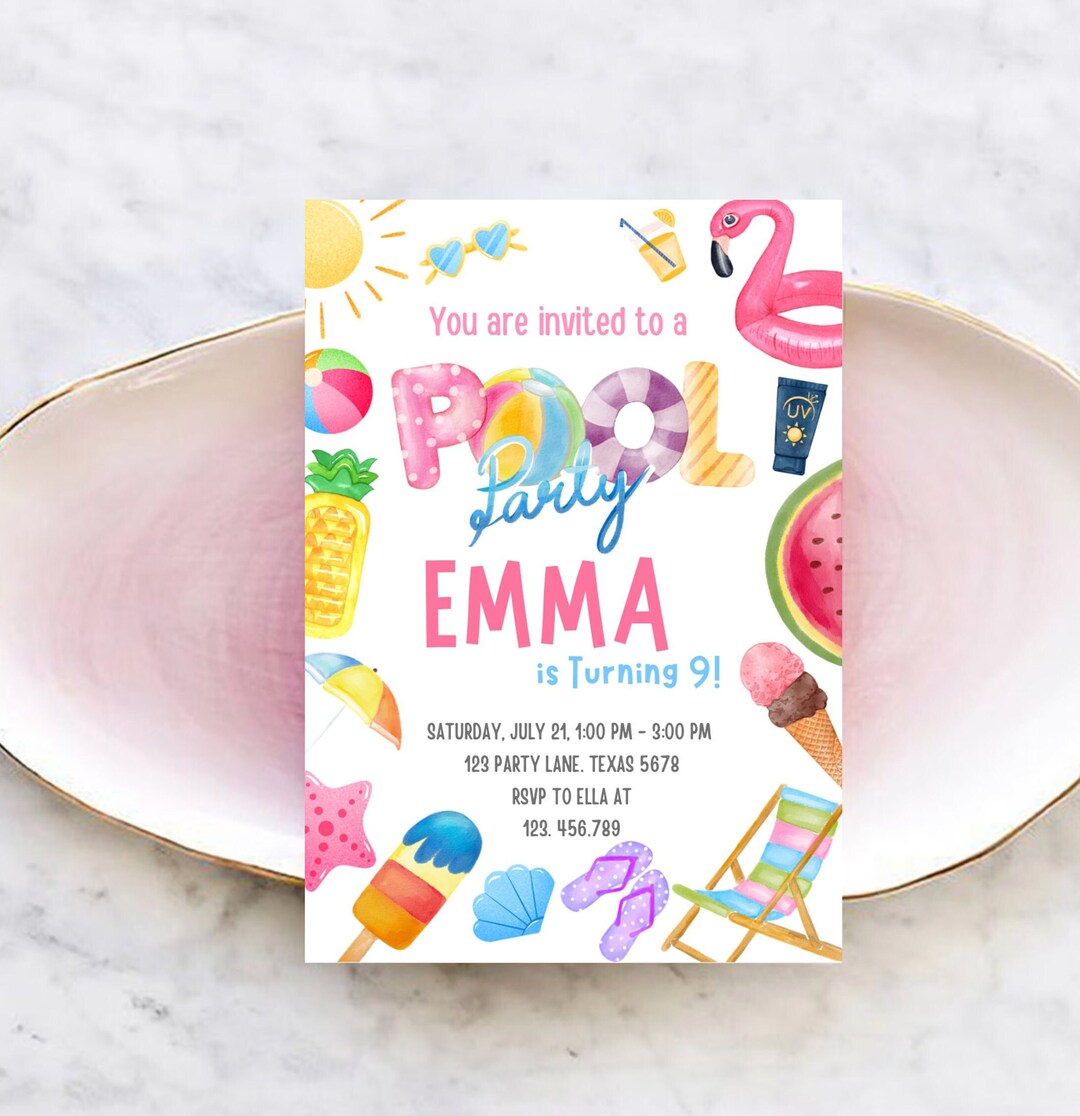 Editable Pool Party Invitation Flamingo Pool Party Birthday Invite ...