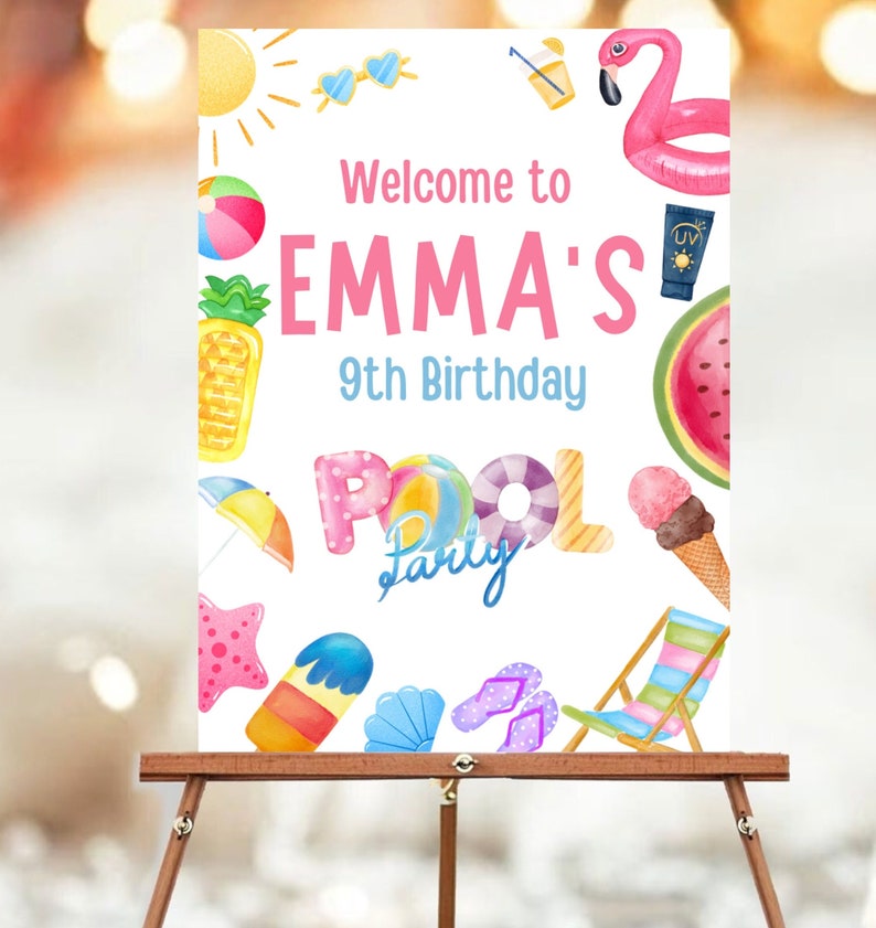 Editable Pool Party Welcome Sign Flamingo Pool Party Birthday Invite ...